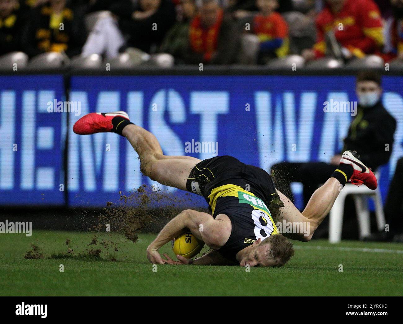 Jack Riewoldt of the Tigers goes to ground in a marking attempt during ...