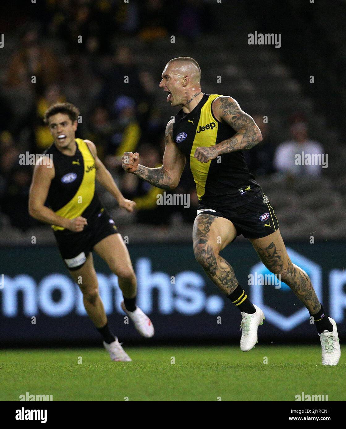 Dustin Martin of the Tigers celebrates a goal during the Round 16 AFL ...