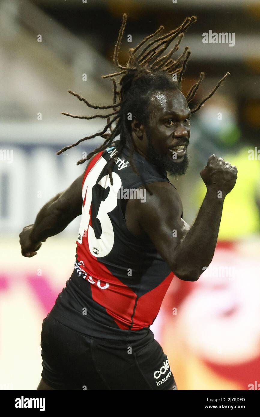 Anthony McDonald-Tipungwuti of the Bombers celebrates a goal during the ...