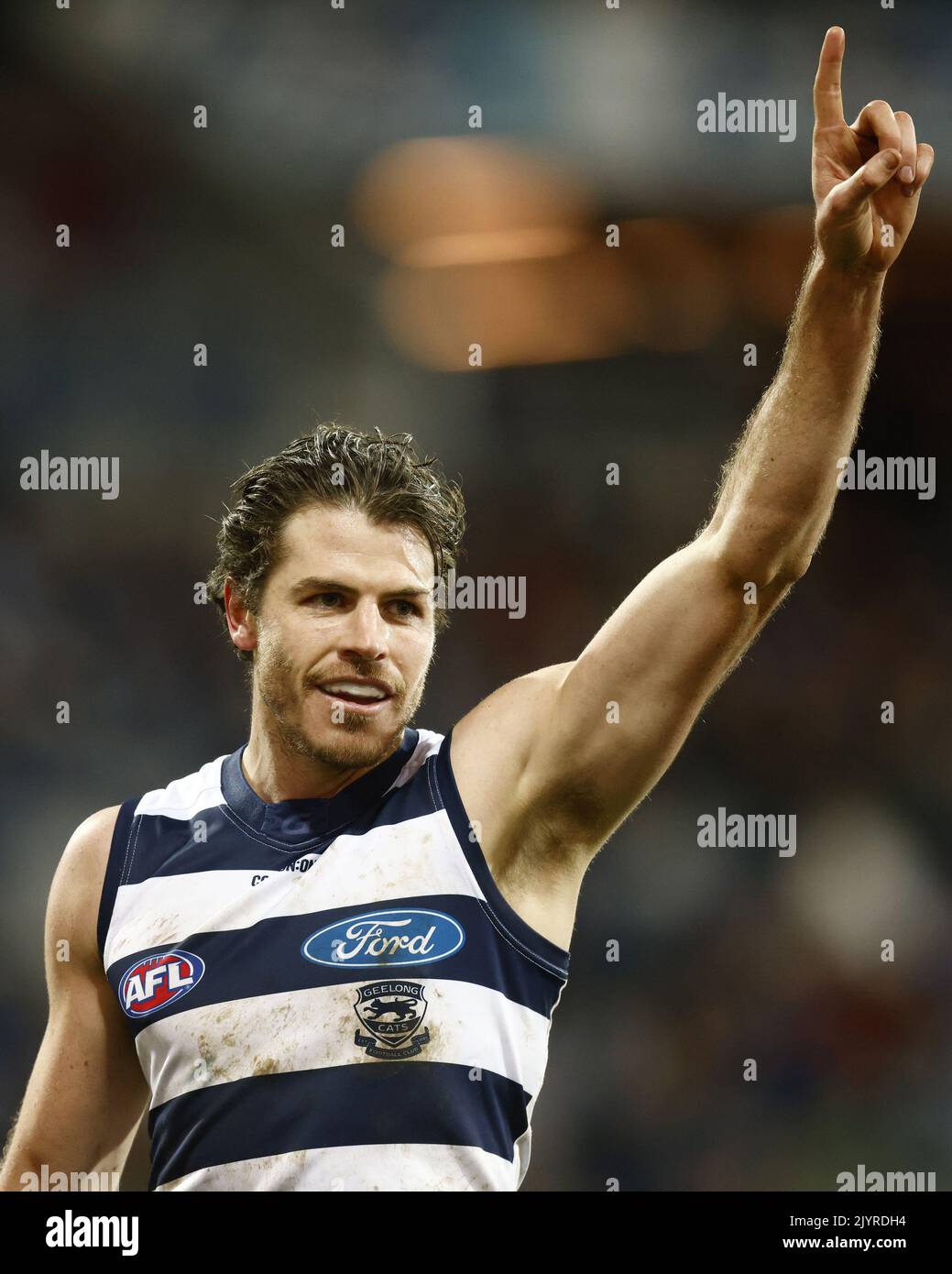 Isaac Smith of the Cats celebrates a goal during the Round 16 AFL match ...