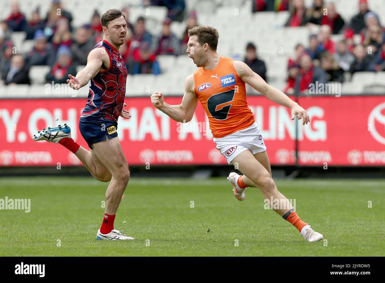 Toby Greene of the Giants celebrates a goal during the AFL Round ...