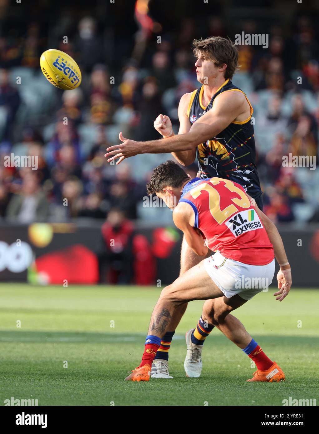 Jordon Butts of the Crows and Charlie Cameron of the Lions during the ...
