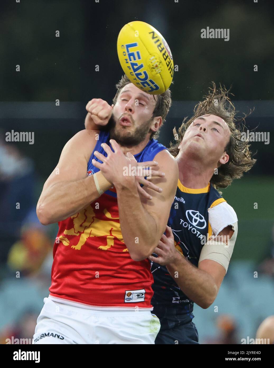 Grant Birchal of the Lions and Luke Pedlar of the Crows contest the ...