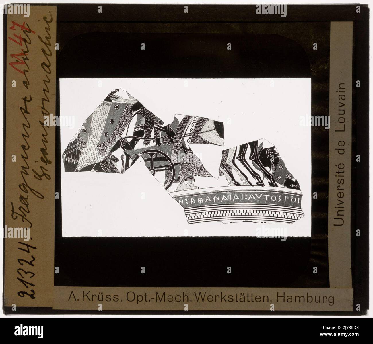 This fragment of ancient Greek earthenware features black-figure ...