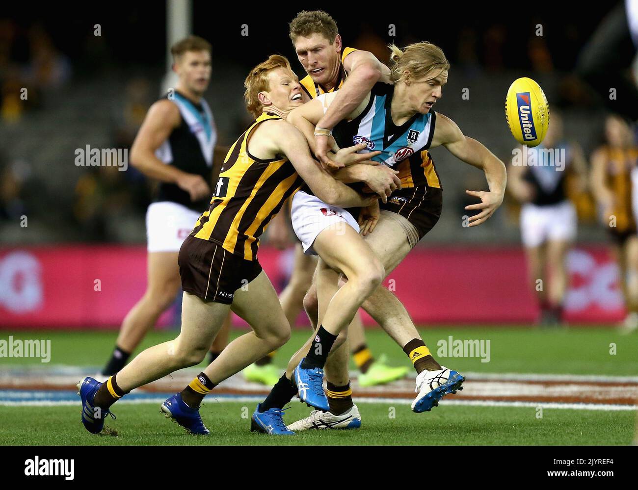 Miles Bergman of the Power is tackled during the AFL Round 16Êmatch ...