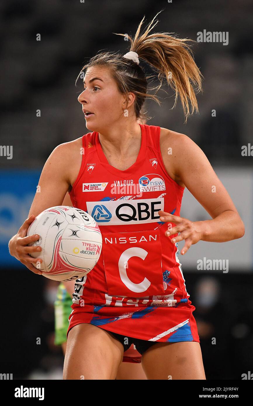 Maddy Proud of the Swifts in action during the Round 9 Super Netball ...