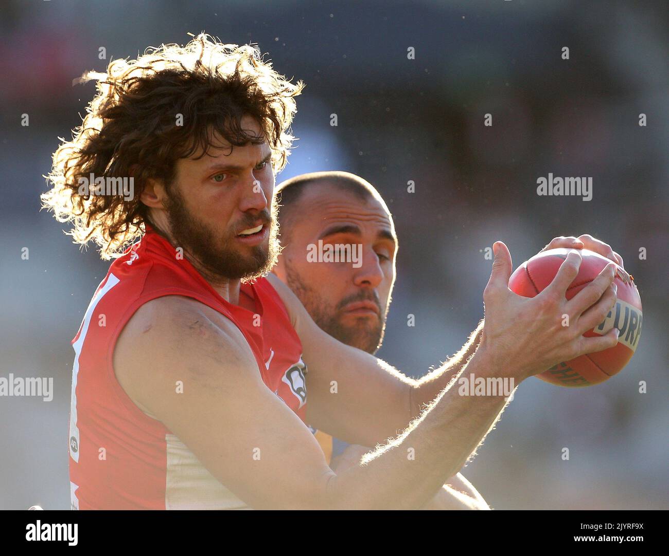 Tom Hickey of the Swans marks under pressure from Dom Sheed of the ...