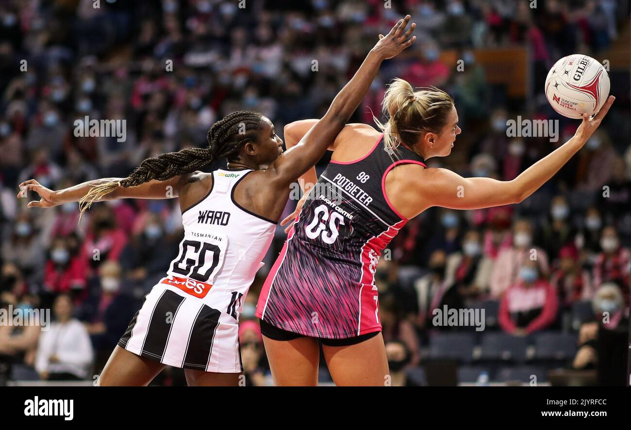 Lenize Potgieter of the Thunderbirds under pressure from Jodi-Ann Ward ...