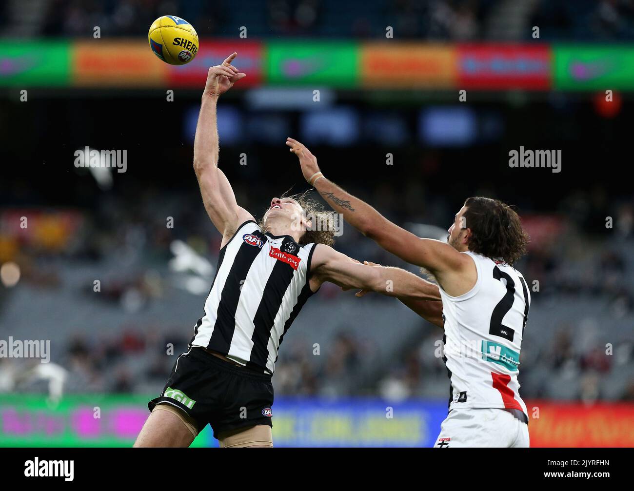 Chris Mayne of the Magpies attempts a mark during the Round 16 AFL ...