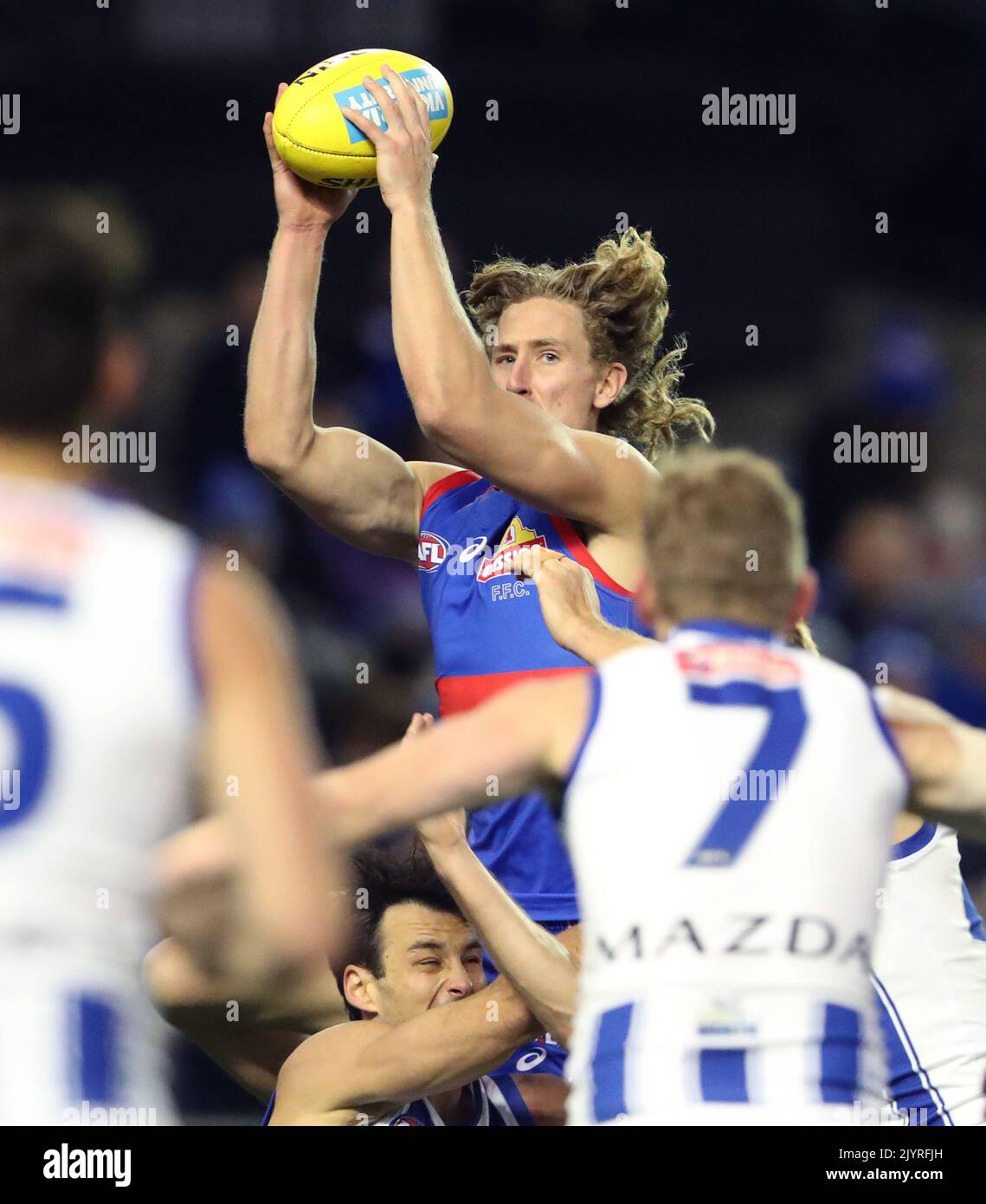 Aaron Naughton for the Bulldogs during the Round 16 AFL match between ...