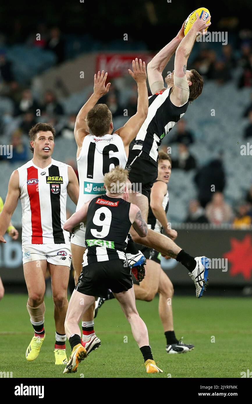 Jordan Roughead of the Magpies takes a mark during the Round 16 AFL ...