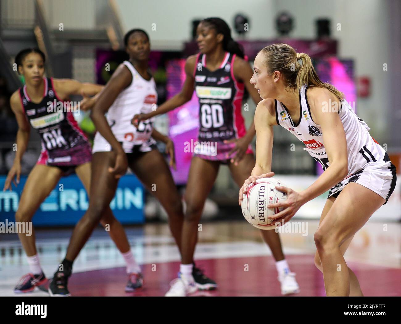 Nyah Allen of the Magpies during the Round 9 Super Netball match ...