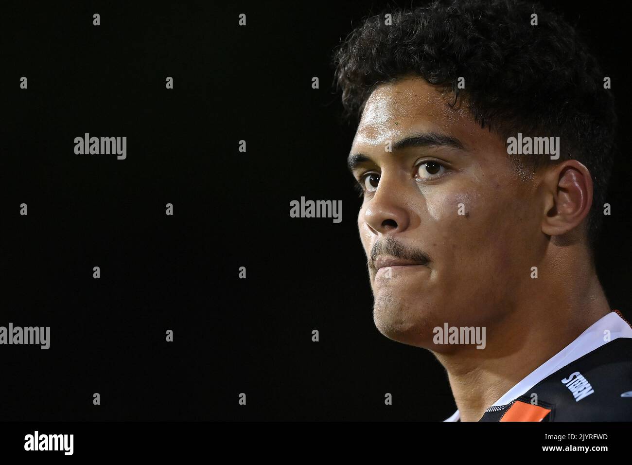 Shawn Blore of the Tigers reacts during the Round 16 NRL match between ...