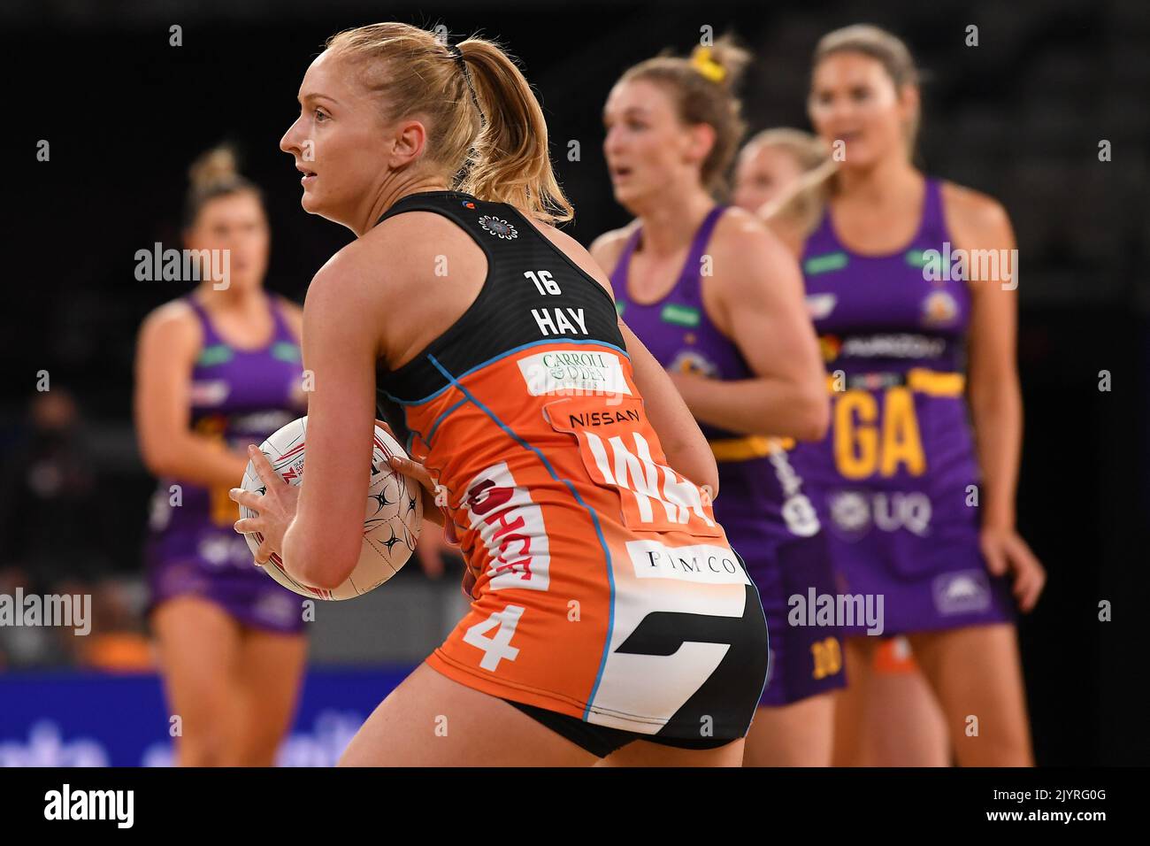 Maddie Hay of the Giants in action during the Round 9 Super Netball ...