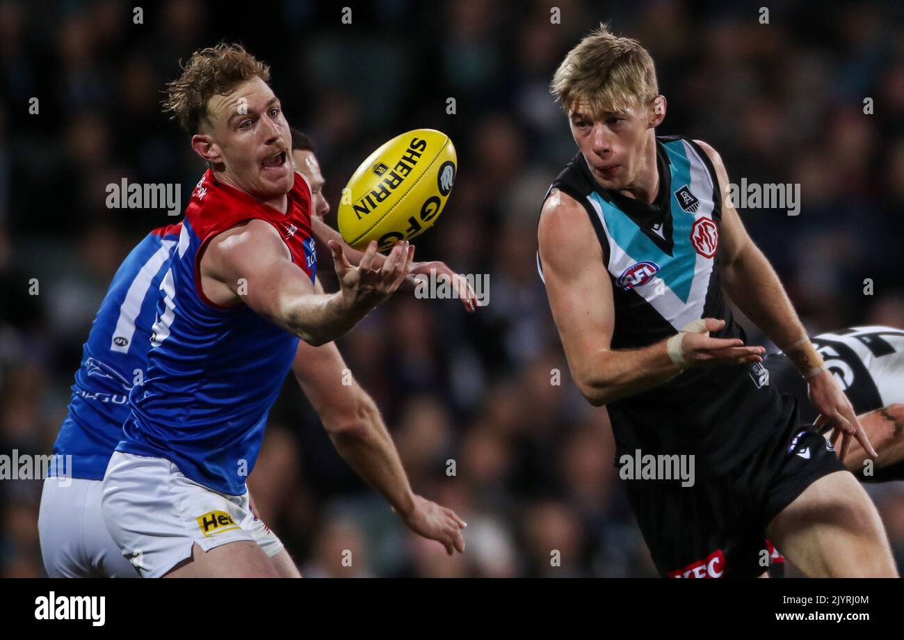 Harrison Petty of the Demons marks the ball over Todd Marshall of the ...
