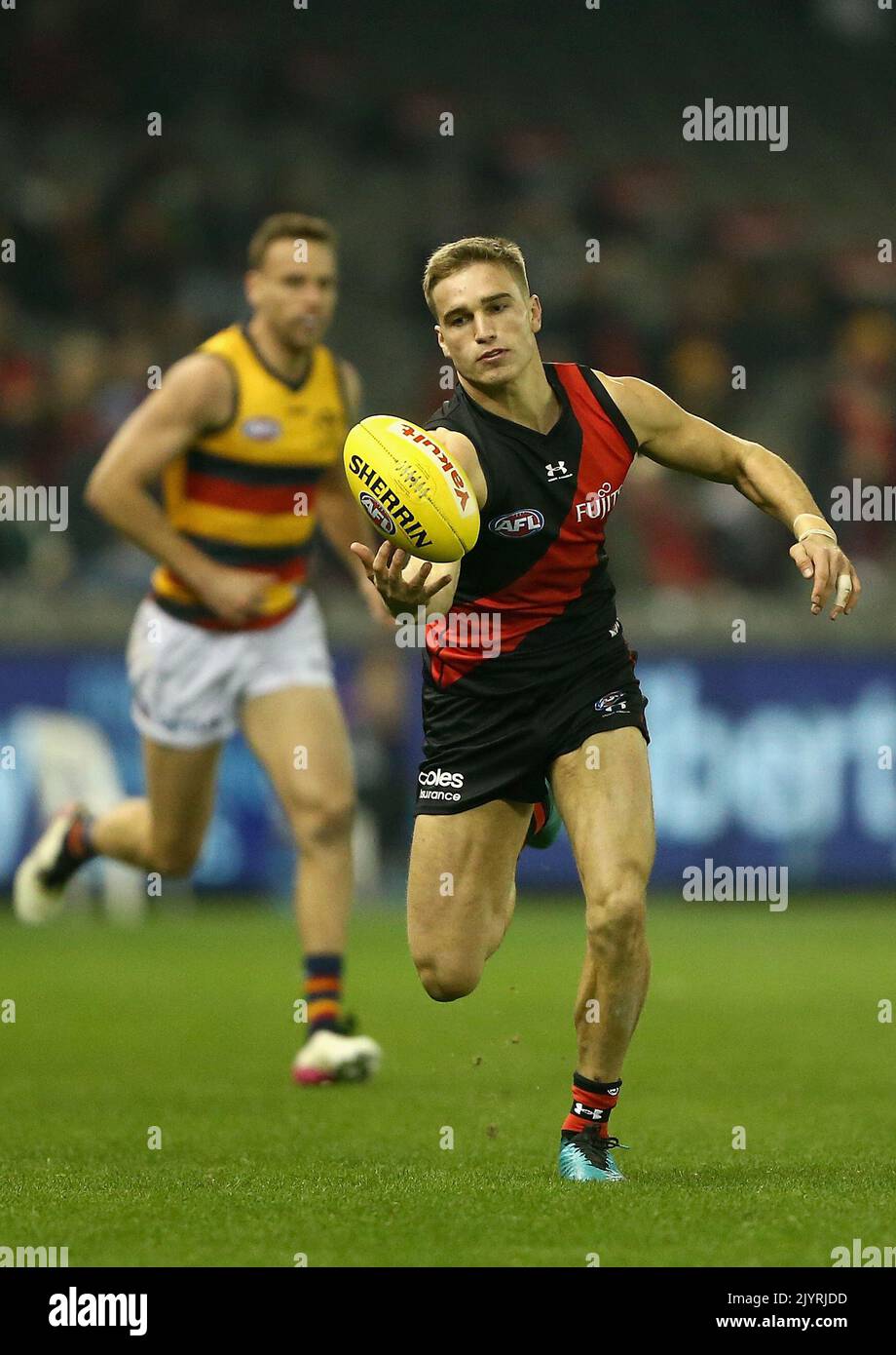 Matt Guelfi of the Bombers gathers the ball during the Round 17 AFL ...