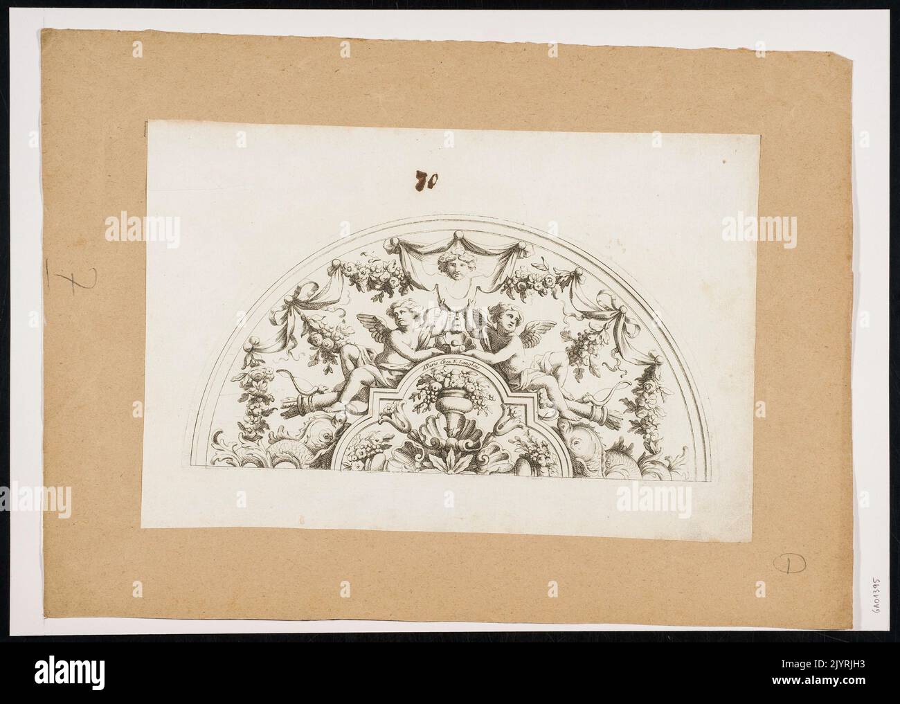 This half-round panel depicts a scene with putti (cherubic figures ...