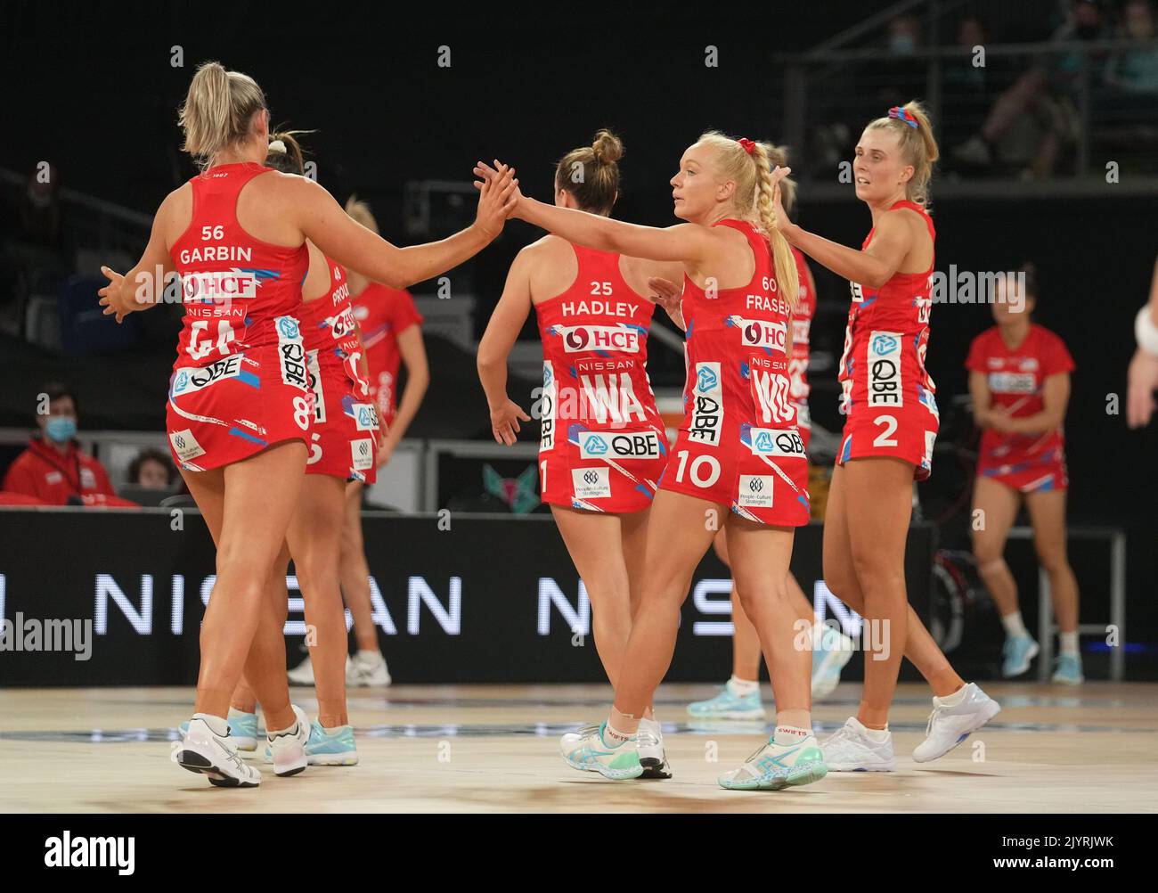 Tayla Fraser and the Swifts celebrate during the Super Netball Rd.10 ...