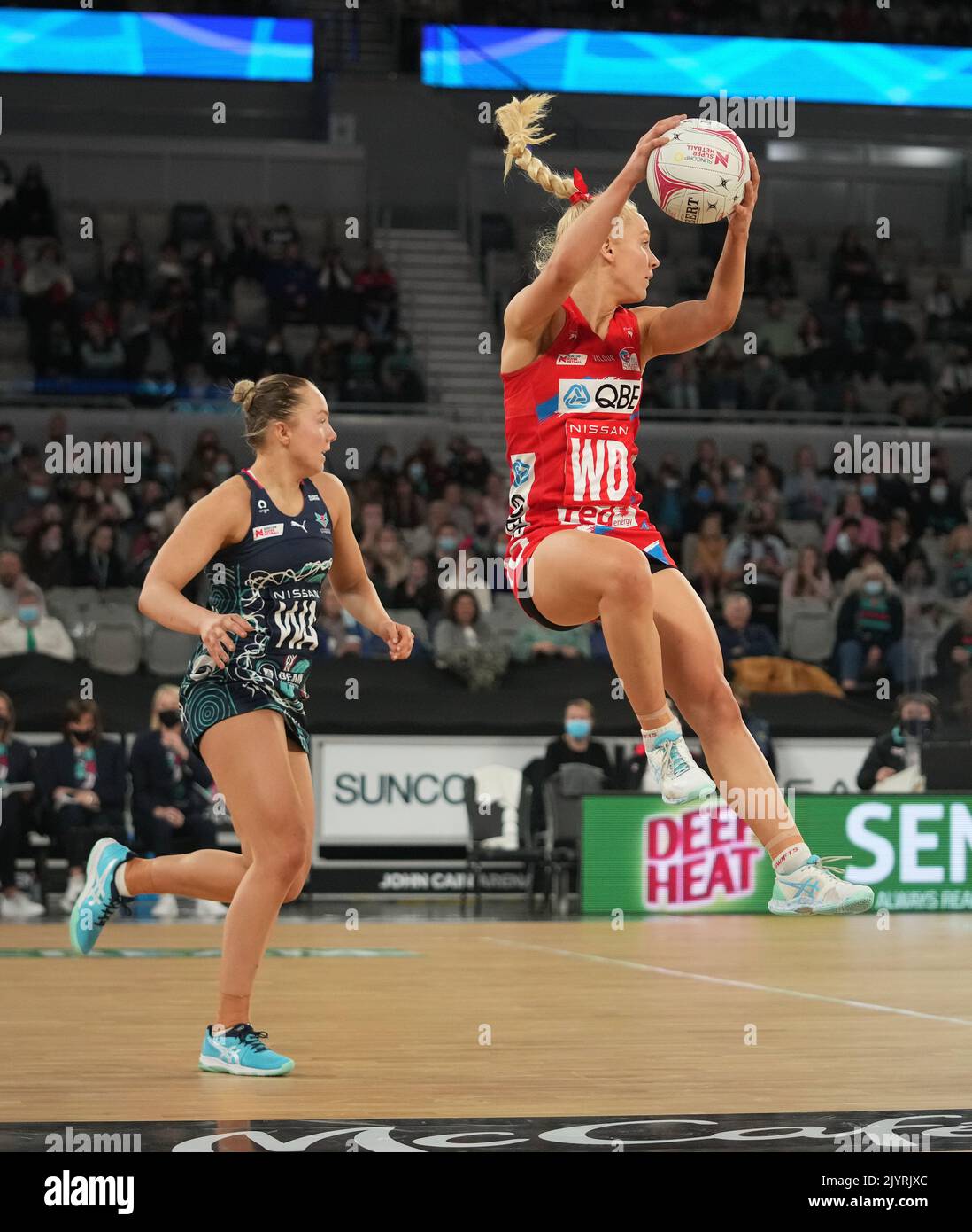 Tayla Fraser of the Swifts competes for the ball during the Super ...