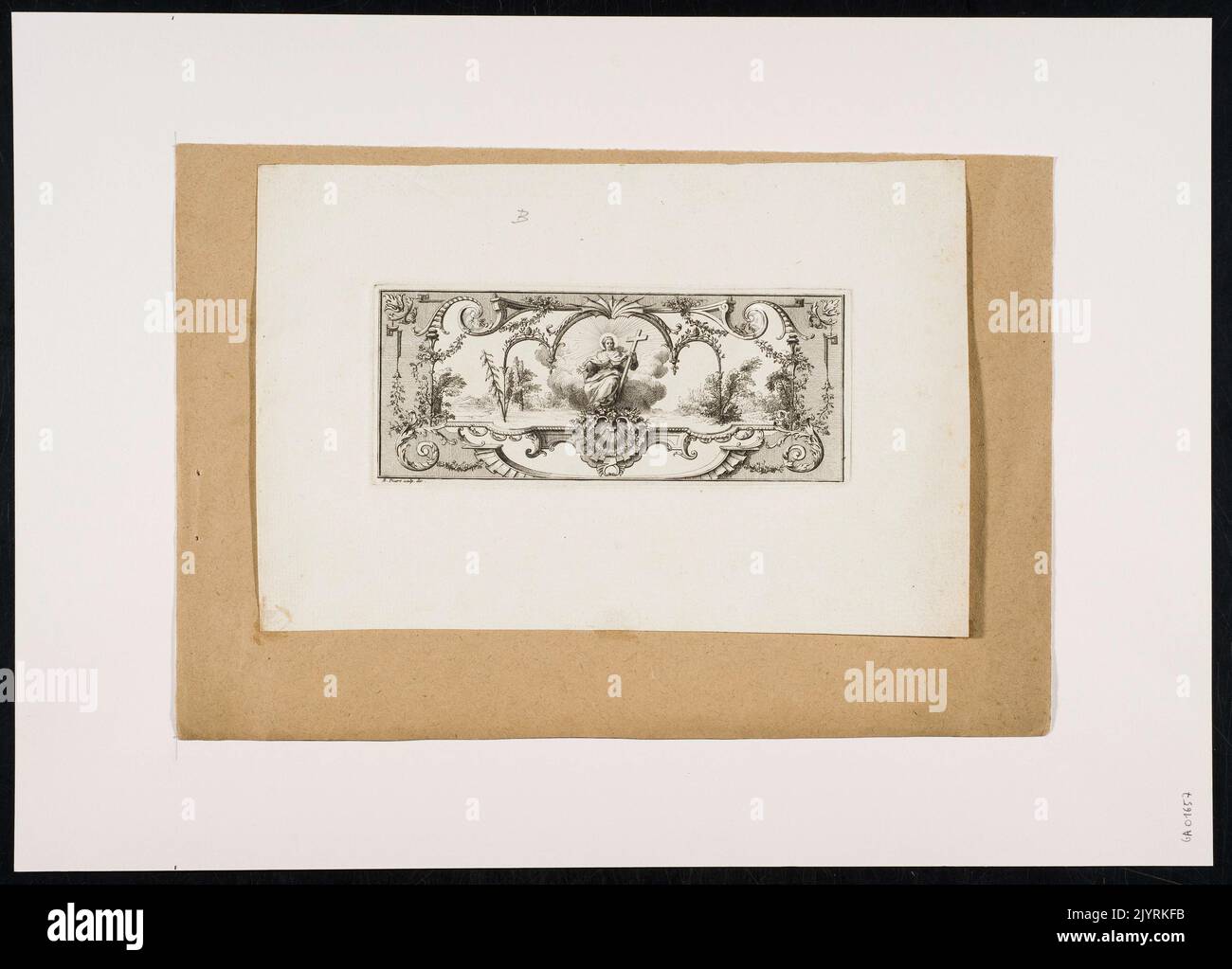 This decorative cartouche features a saint surrounded by intricately ...