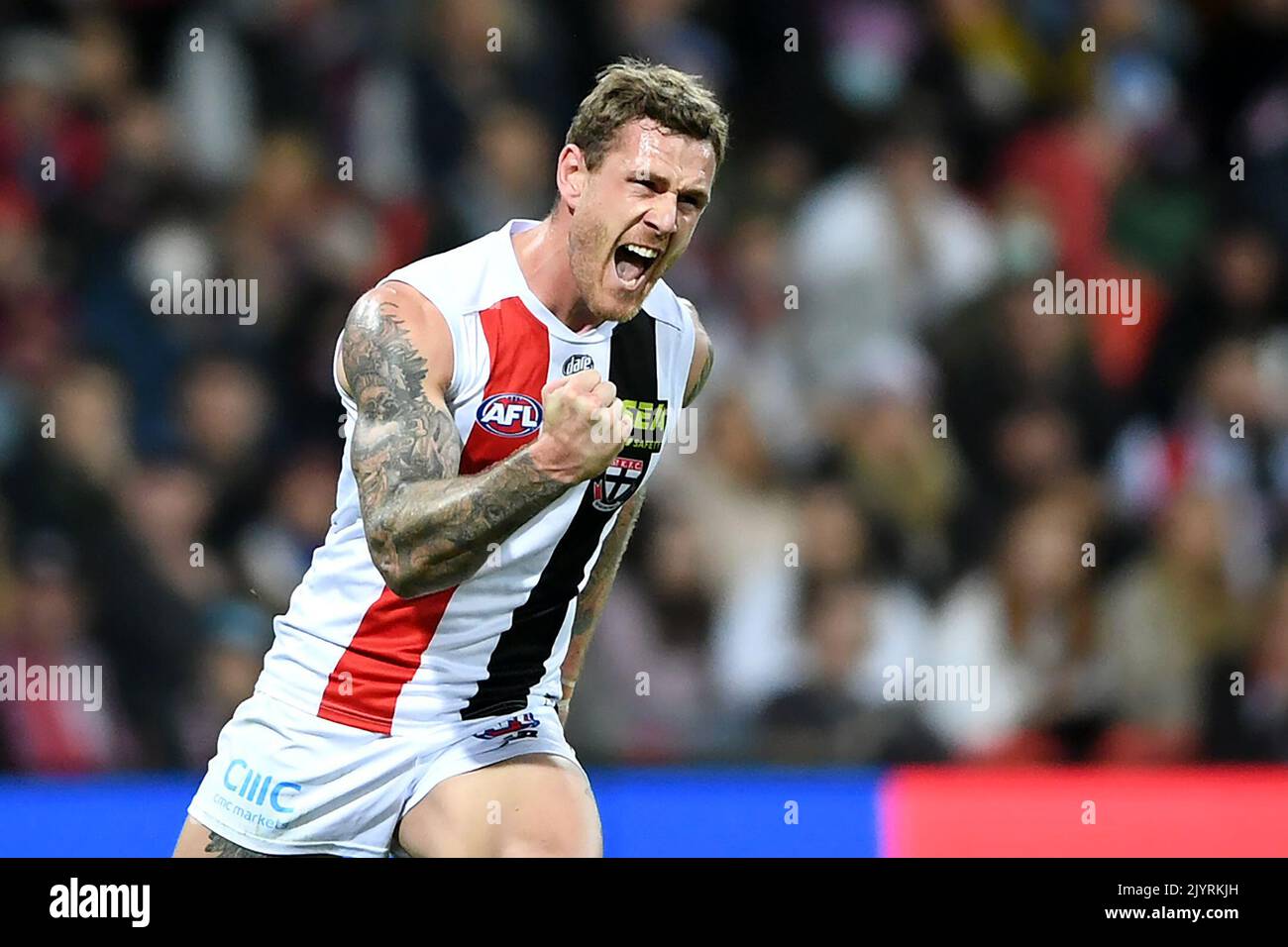 Tim Membrey of the Saints reacts after kicking a goal during the AFL ...