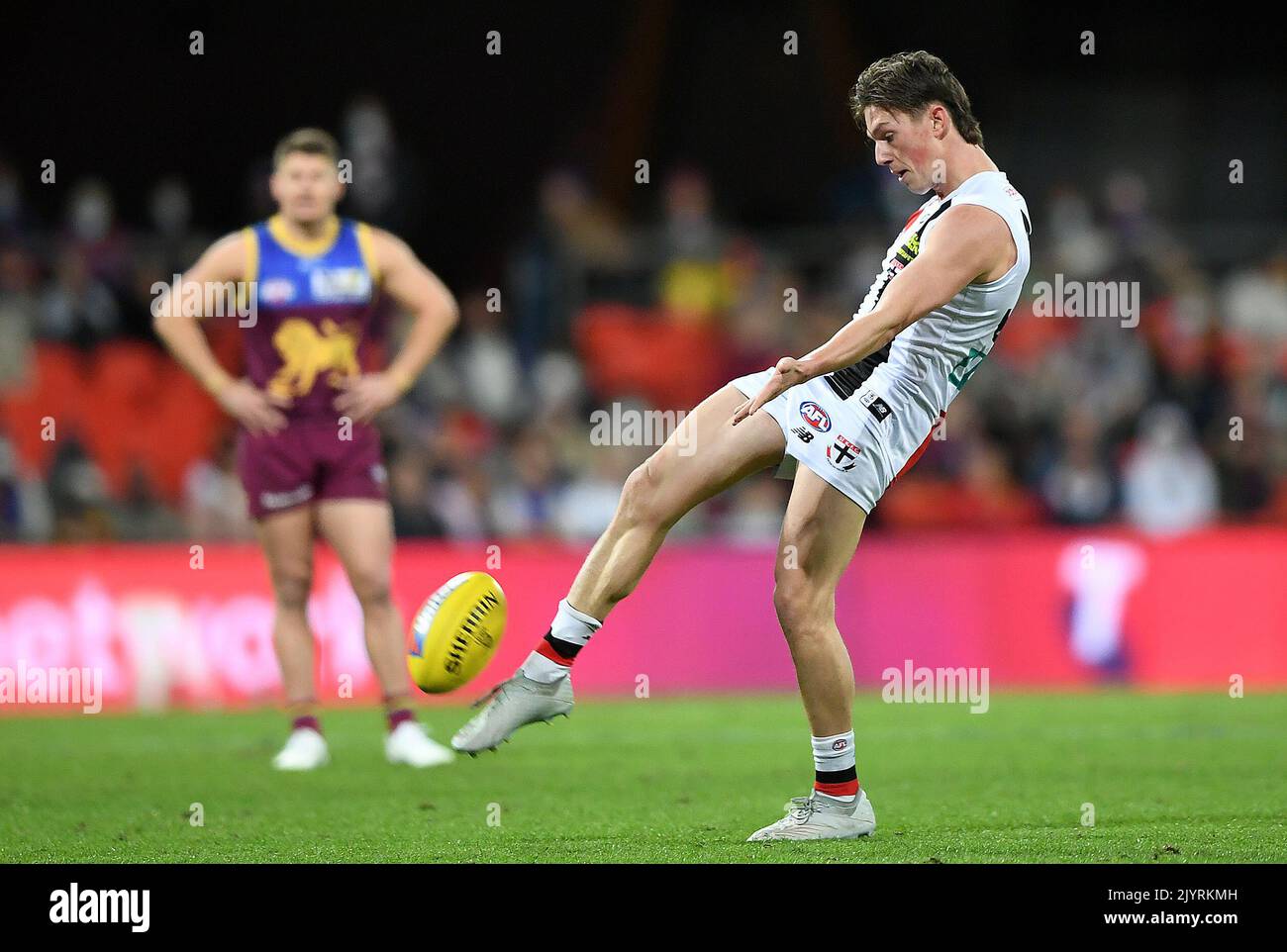 Leo Connolly of the Saints kicking a goal during the AFL Round 17 match ...