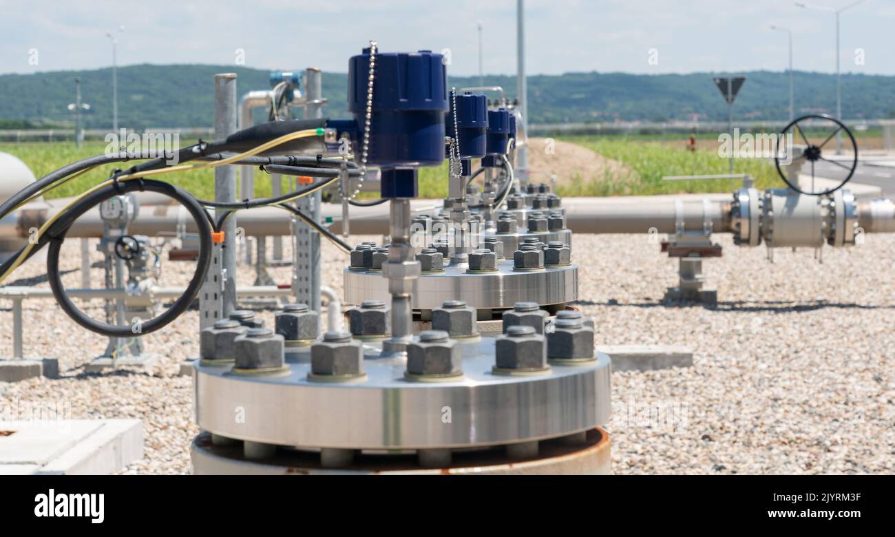 Temperature measurement sensors installed vertically on gas pipeline ...