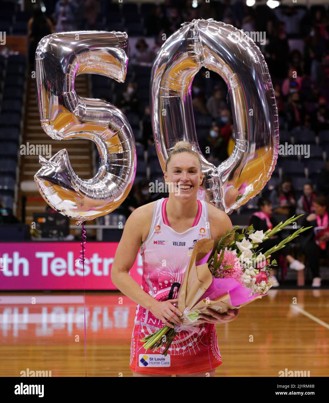 Hannah Petty of the Thunderbirds celebrates her 50th match during the ...