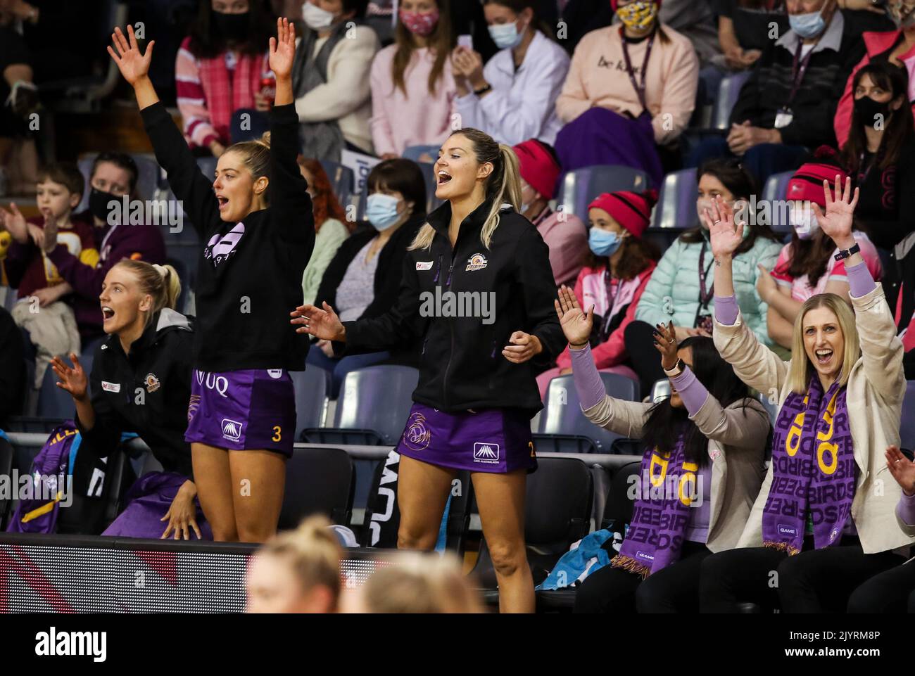 Lara Dunkley and Gretel Bueta of the Firebirds celebrate victory during ...