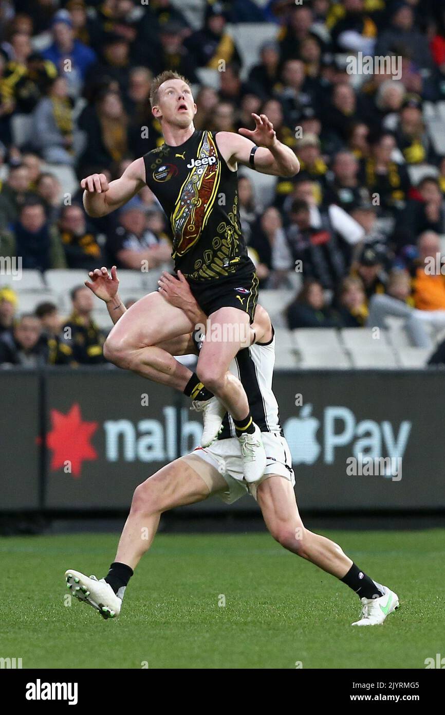 Jack Riewoldt of the tigers attempts a mark during the Round 17 AFL ...