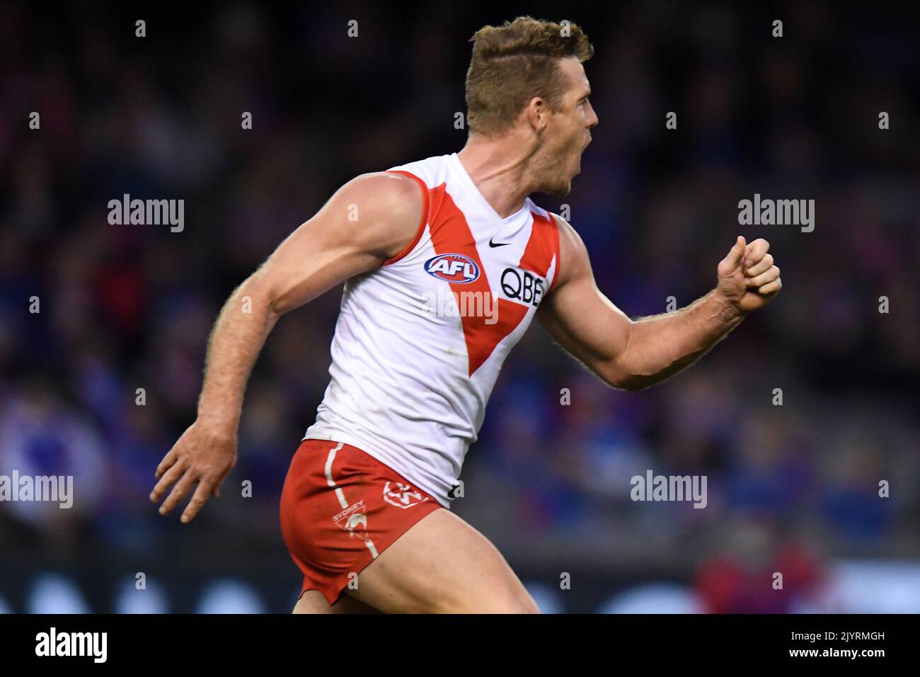 Luke Parker of the Swans reacts after kicking a goal during the Round ...