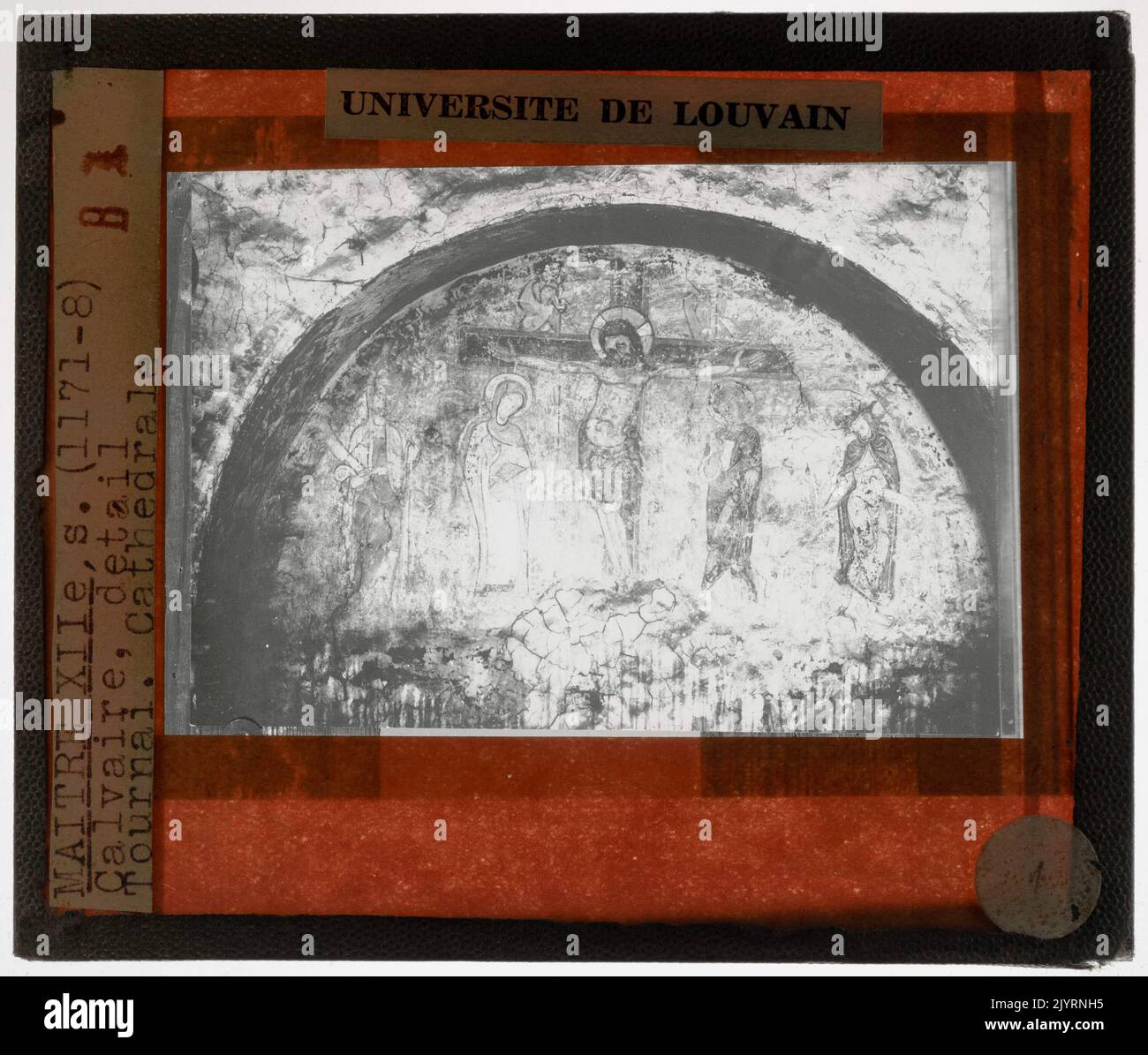 The fresco of the Crucifixion (Kruisiging) in the Notre-Dame Cathedral of Tournai depicts the ...