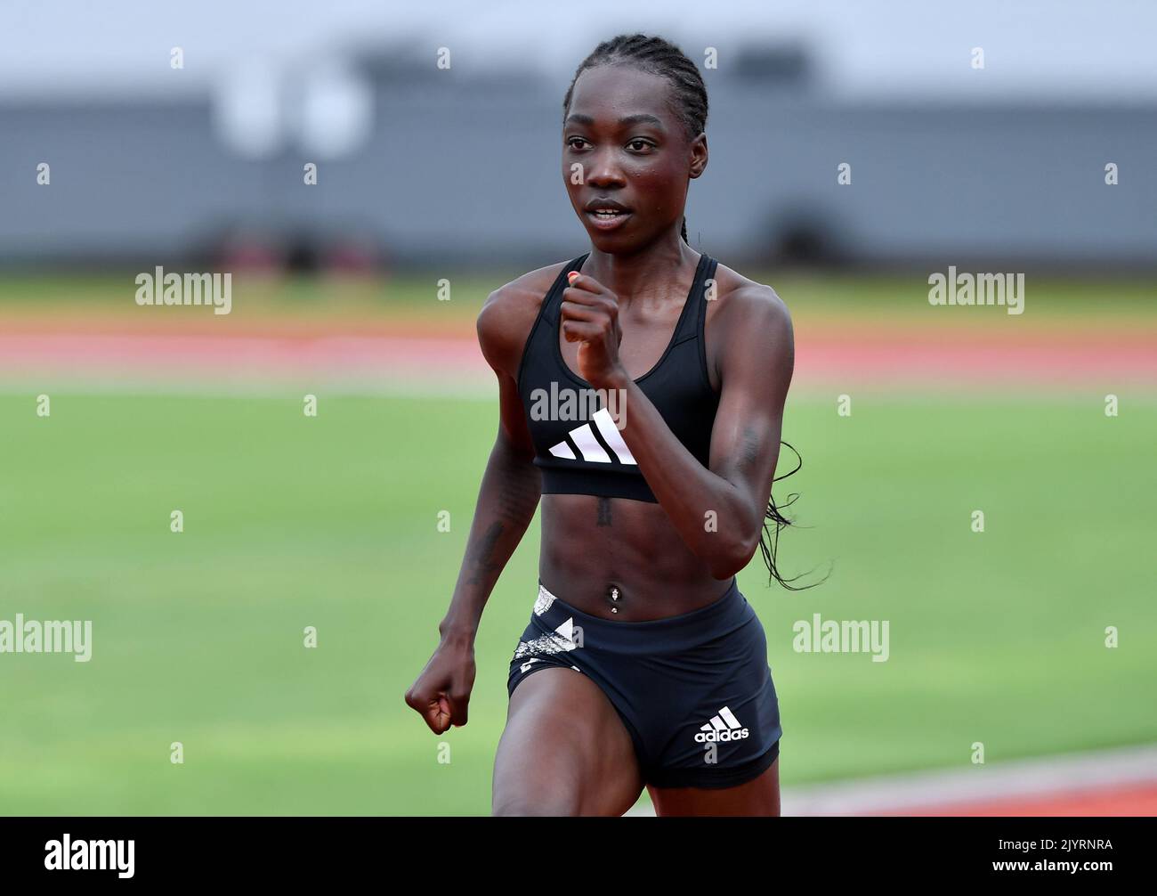 Olympic sprinter Bendere Oboya is seen training at Barlow Park ...