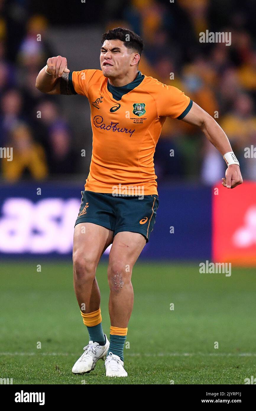 Noah Lolesio of Australia reacts after making a conversion during the ...