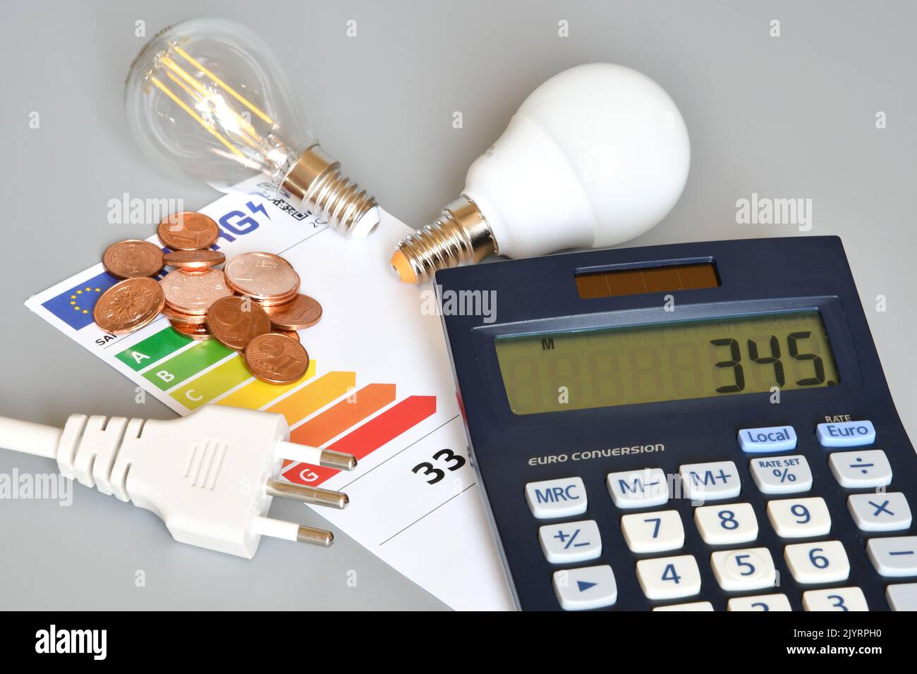 Energy efficiency rating table with light bulbs, calculator and ...