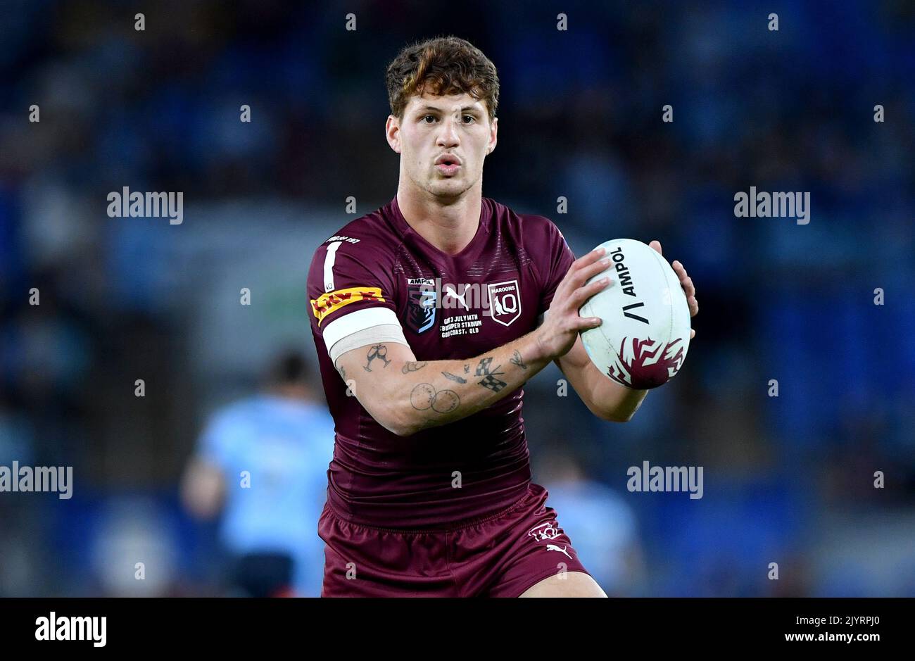 Kalyn Ponga of the Maroons is seen warming up before Game 3 of the 2021 ...
