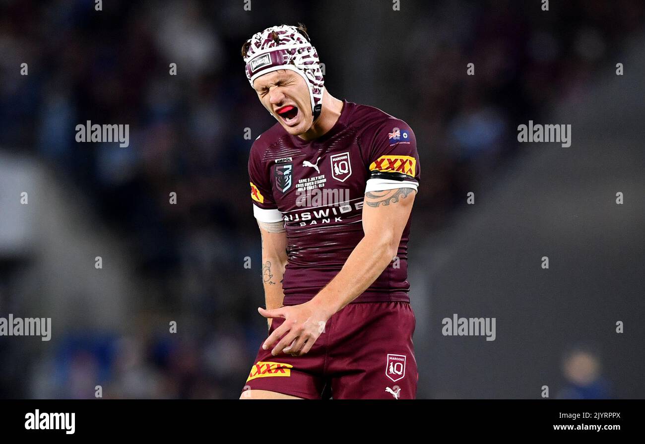 Kalyn Ponga of the Maroons reacts during Game 3 of the 2021 State of ...