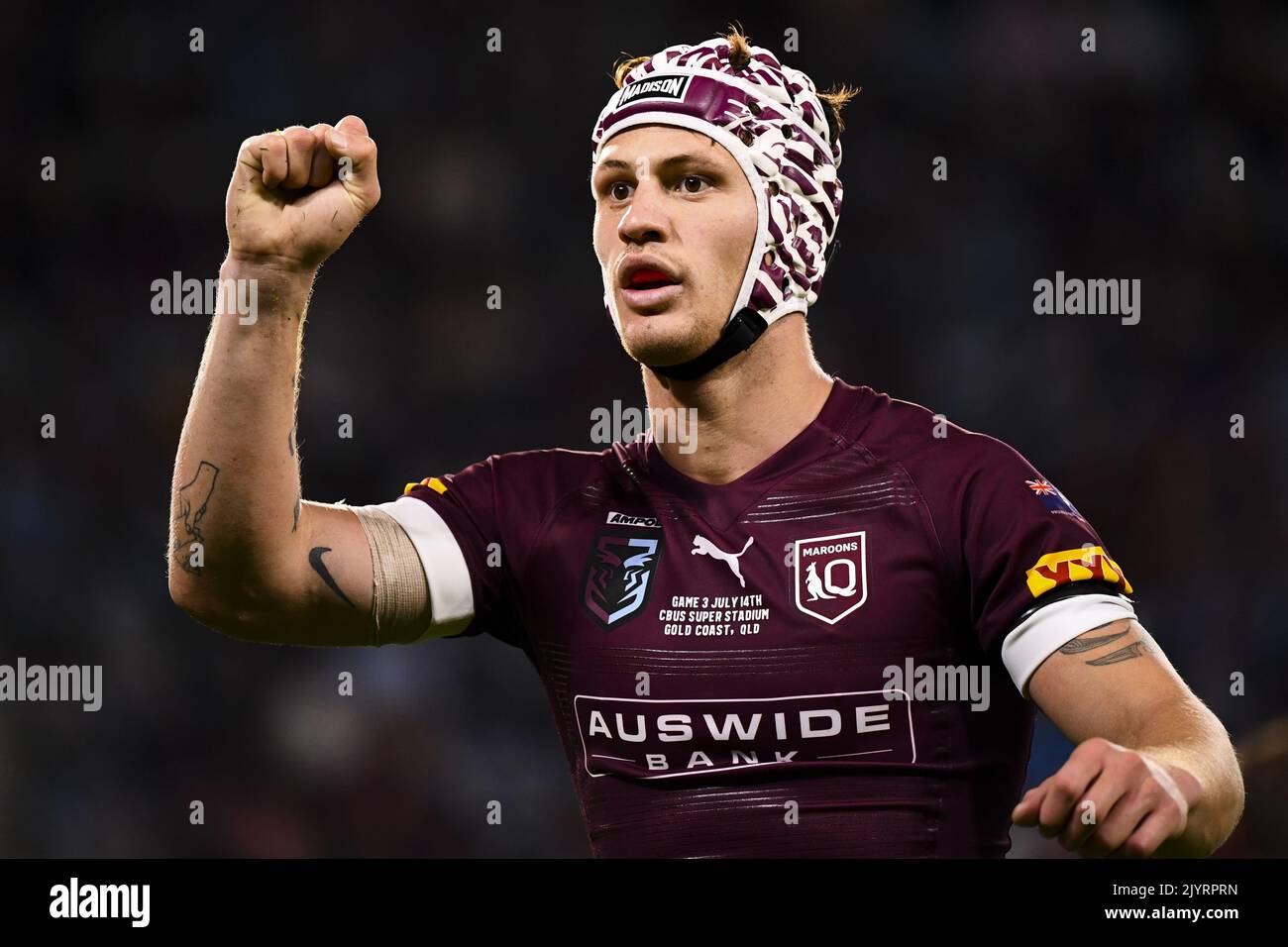 Kalyn Ponga of the Maroons reacts during Game 3 of the 2021 State of ...