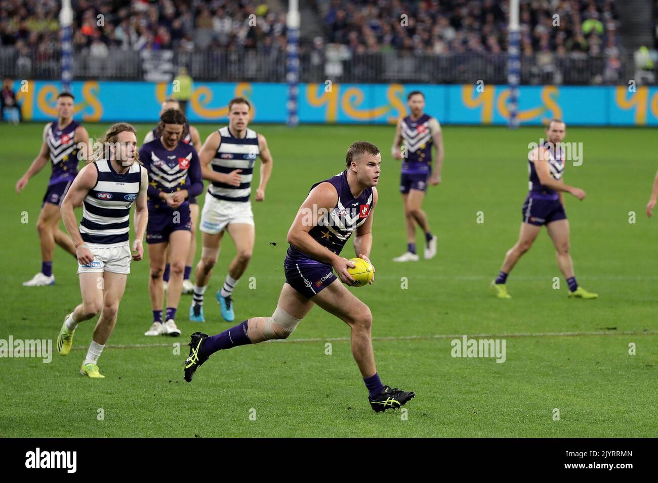 Sean Darcy of the Dockers looks to kick on goal during the Round 18 AFL ...