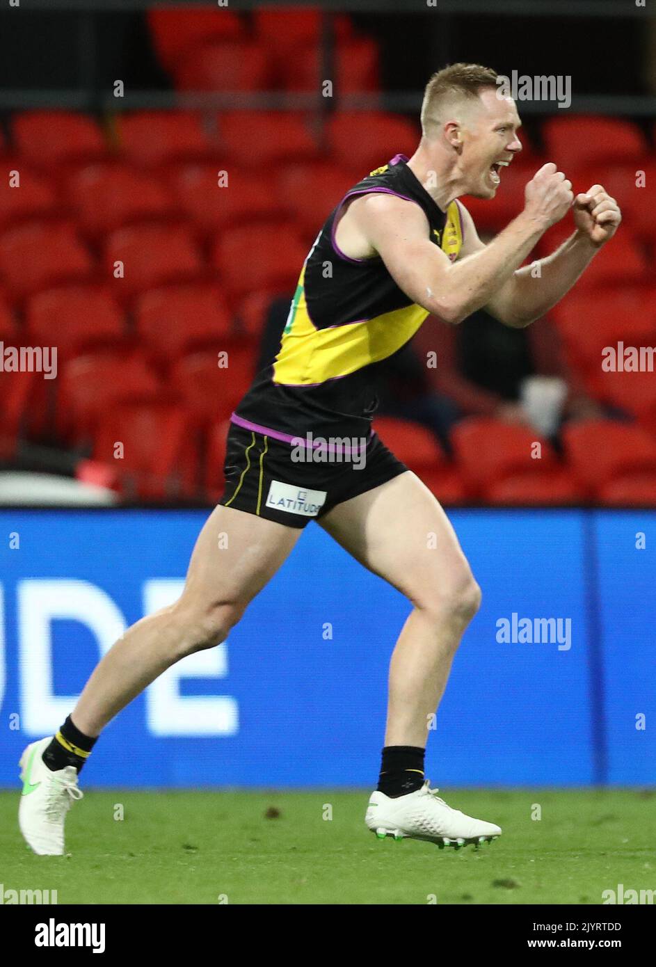 Jack Riewoldt of the Tigers celebrates a goal during the Round 18 AFL ...