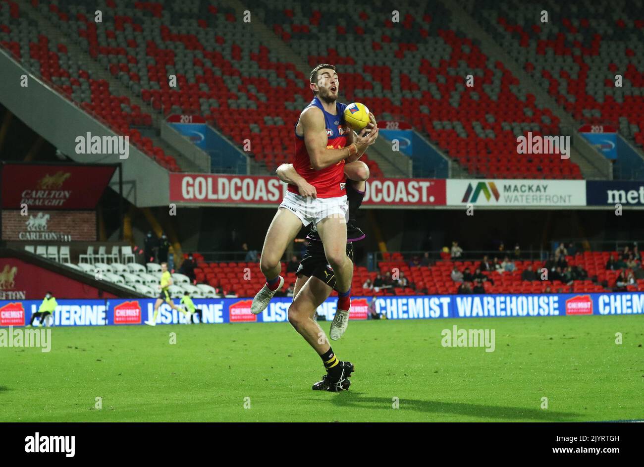 Daniel McStay of the Lions takes a mark during the Round 18 AFL match ...