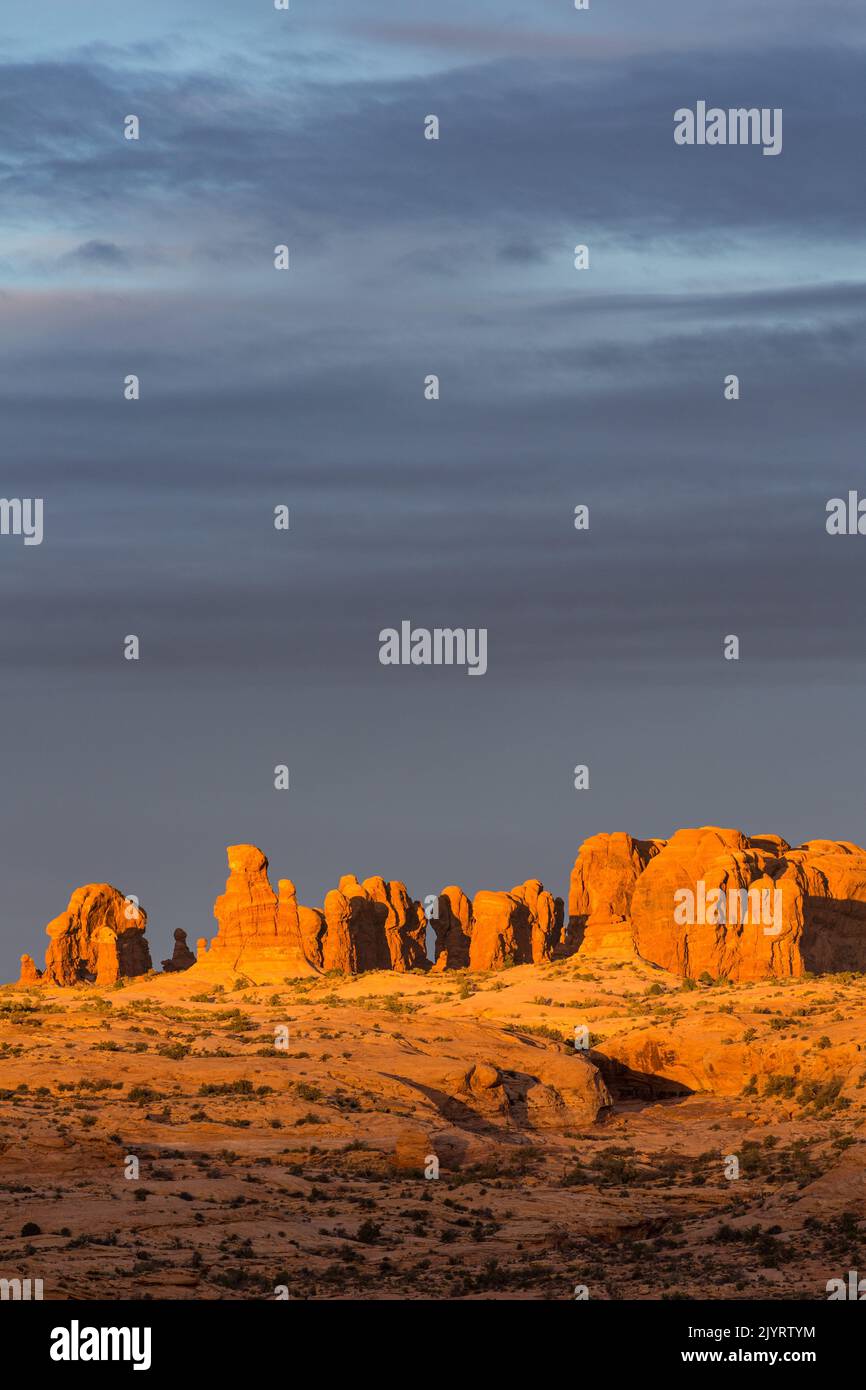 Entrada sandstone rock formations on a base of Navajo sandstone in the ...