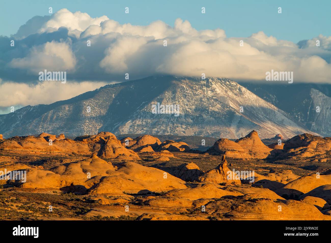 The Petrified Dunes in Arches National Park with the snow-capped La Sal ...