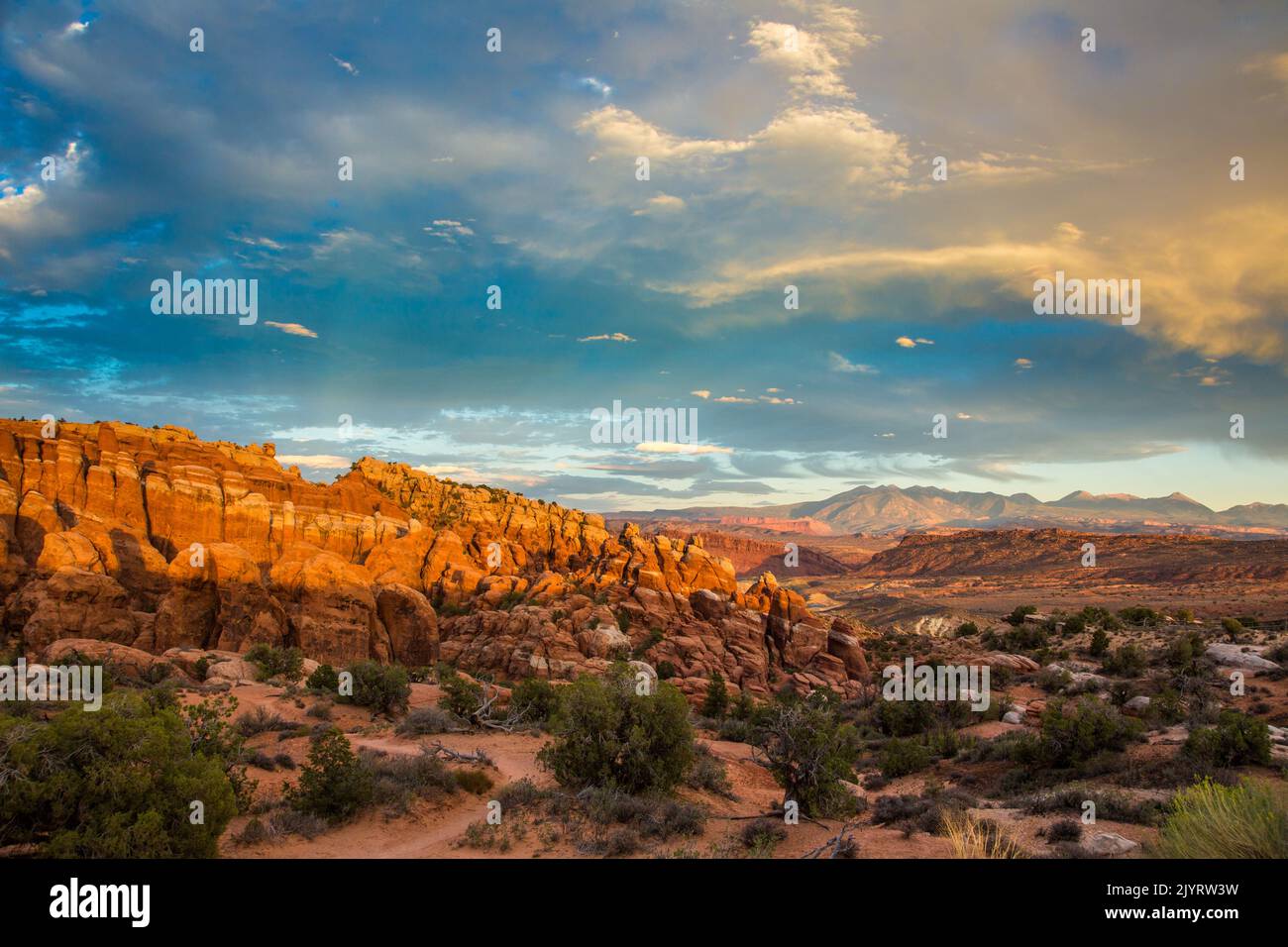 The Fiery Furnace view from the west with the La Sal Mountains behind ...