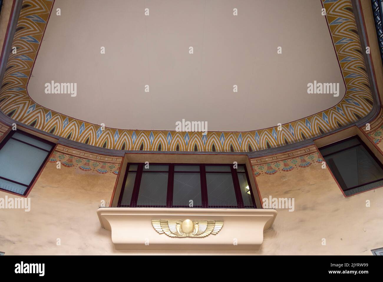 detail of outer lobby, neo-Egyptian cinema Le Louxor, Paris, France ...