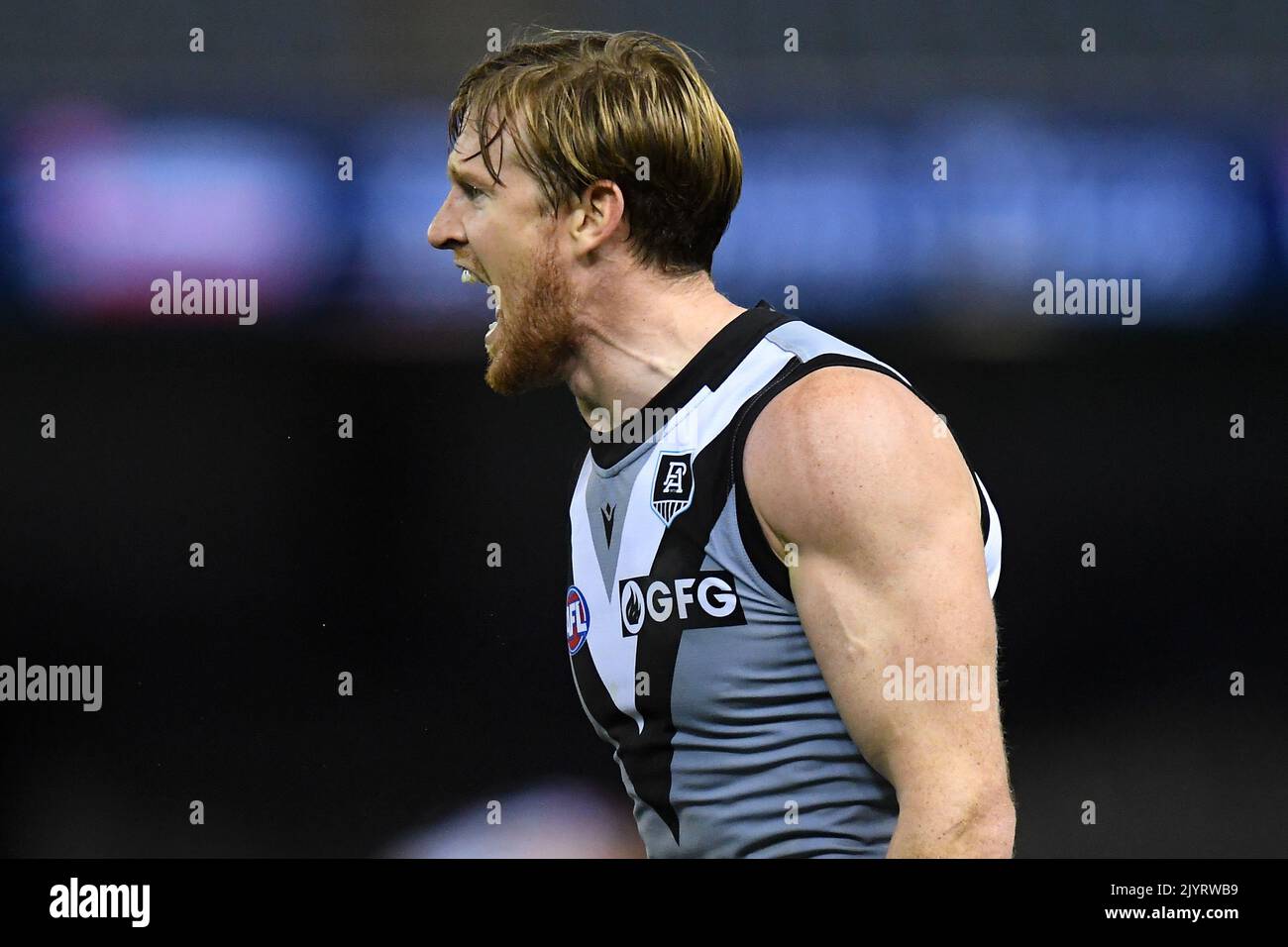 Tom Jonas of Port Adelaide reacts after defeating St Kilda at the ...