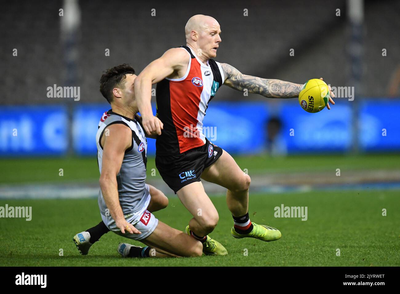 Zak Jones of St Kilda (right) in action during the AFL Round 18Êmatch ...