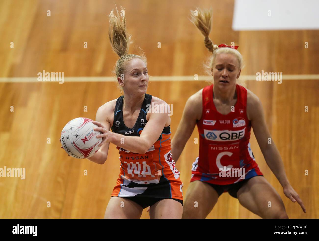 Maddie Hay of the Giants and Tayla Fraser of the Swifts during the ...