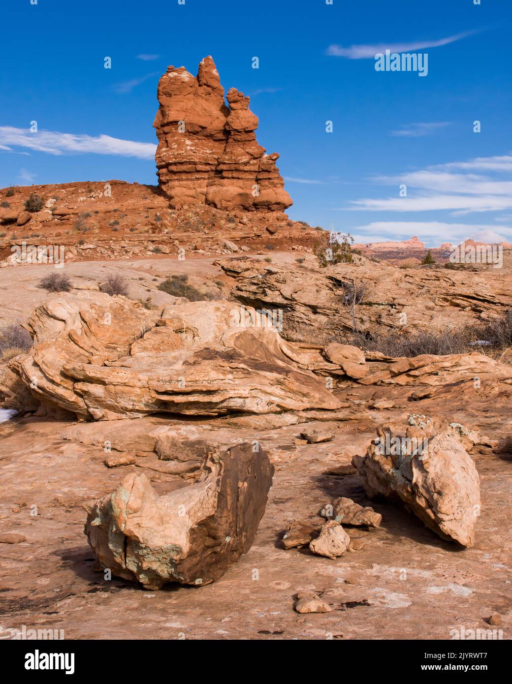 Eroded Navajo sandstone in front of an Entrada sandstone rock formation ...