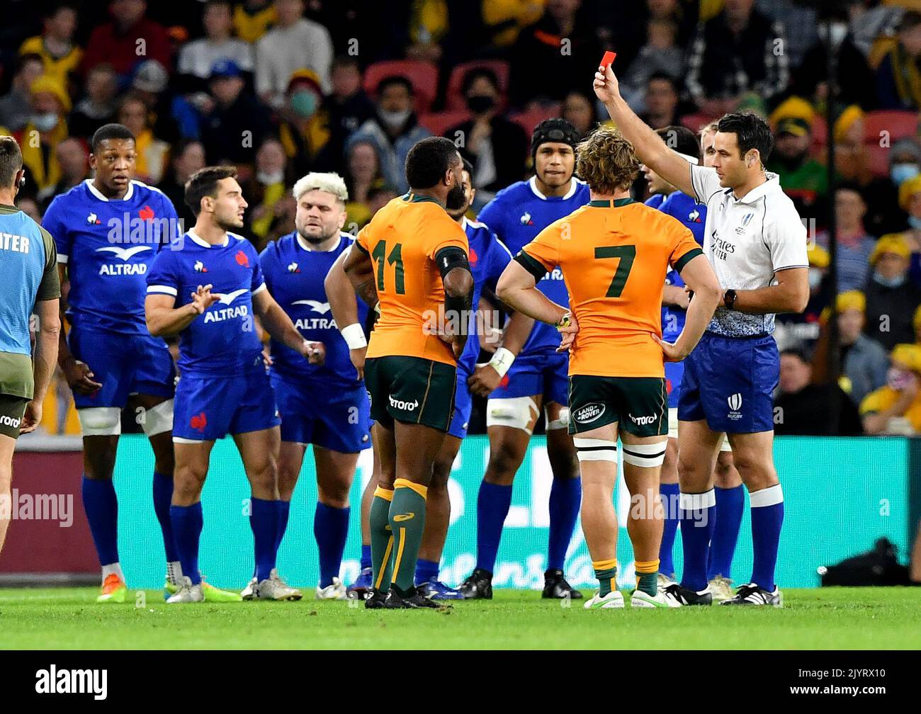 Marika Koroibete (centre) of the Wallabies is red carded during the ...